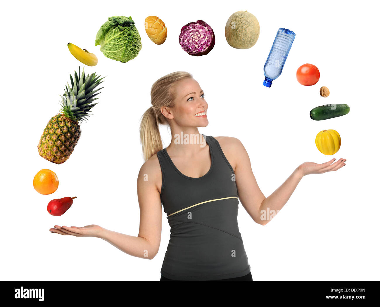 Woman Juggling fruits and vegetables isolated over white background ...