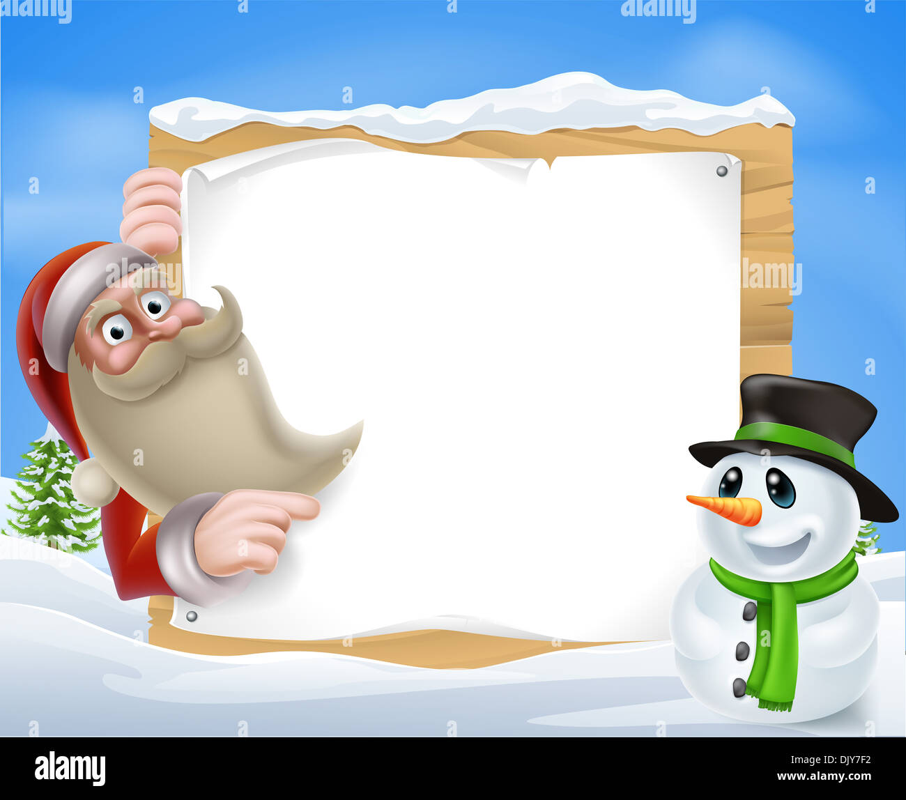 A Santa Christmas Winter Scene of Santa pointing at a winter sign with ...