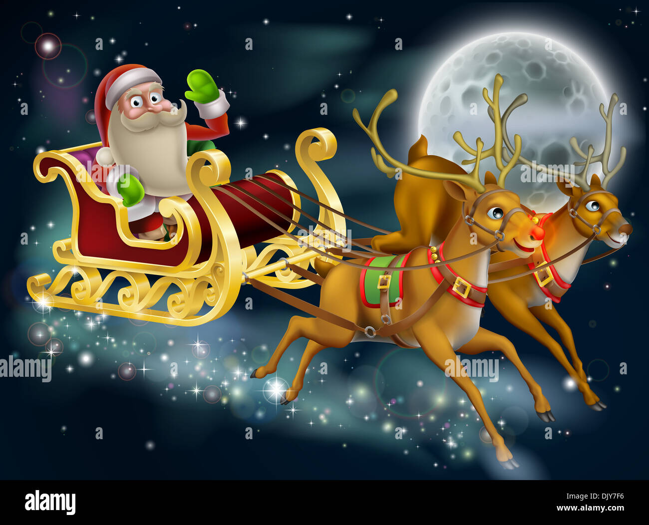Santa Claus sleigh scene of Santa in his sleigh being pulled through ...