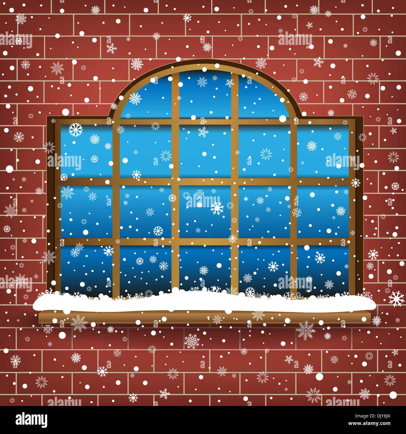 The large wooden window and falling snow, winter theme Stock Photo - Alamy