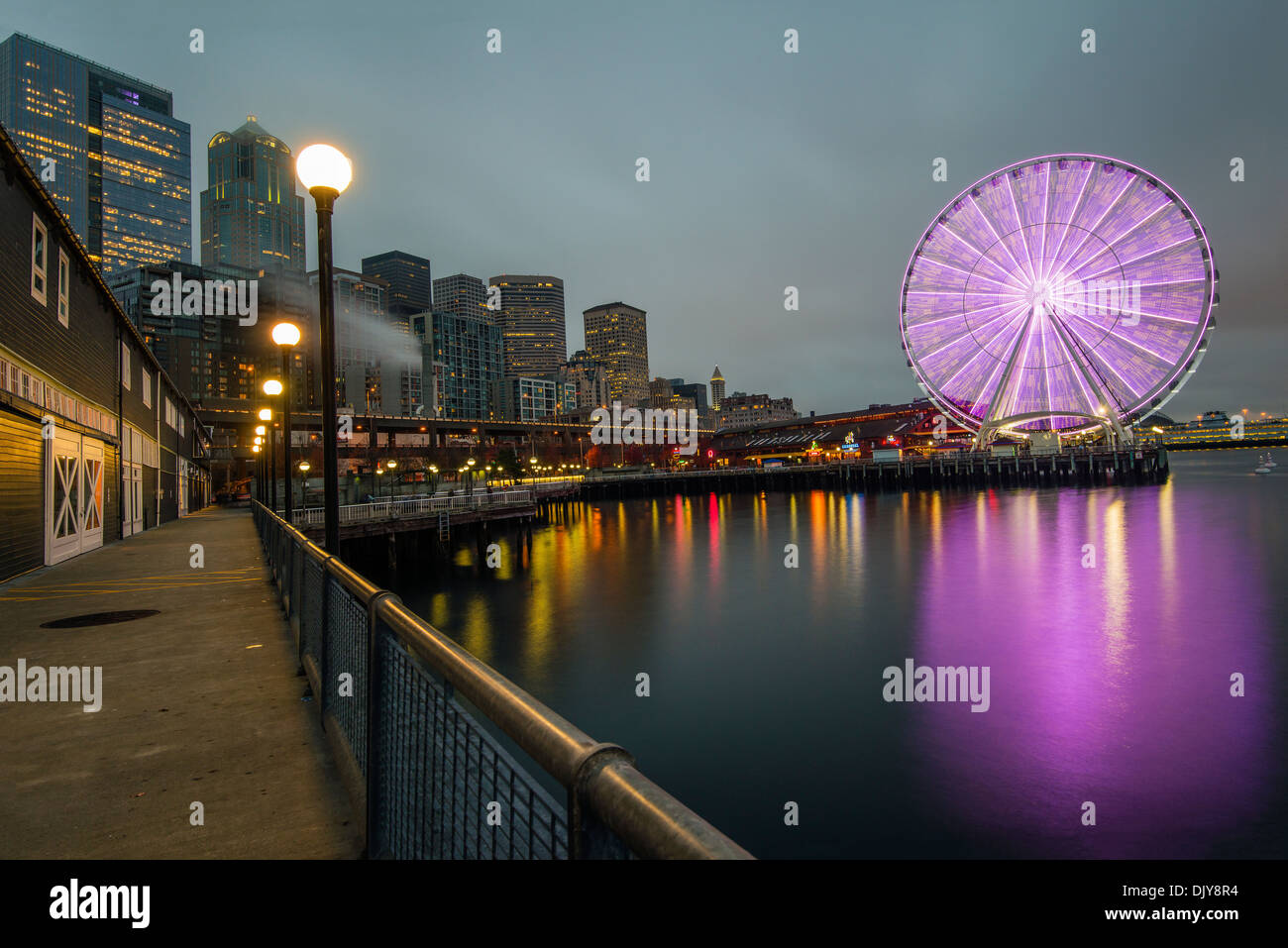 Waterfront and Great Wheel by night, Seattle, Washington, USA Stock ...