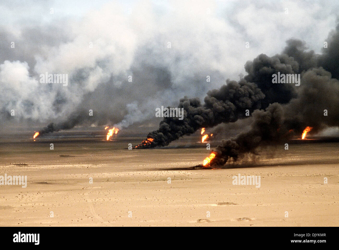 Aerial view of blazing oil wells in the aftermath of Operation Desert ...