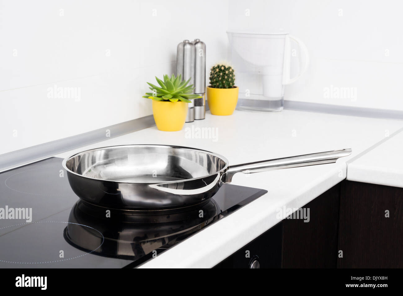 Frying pan in modern kitchen with induction stove Stock Photo - Alamy