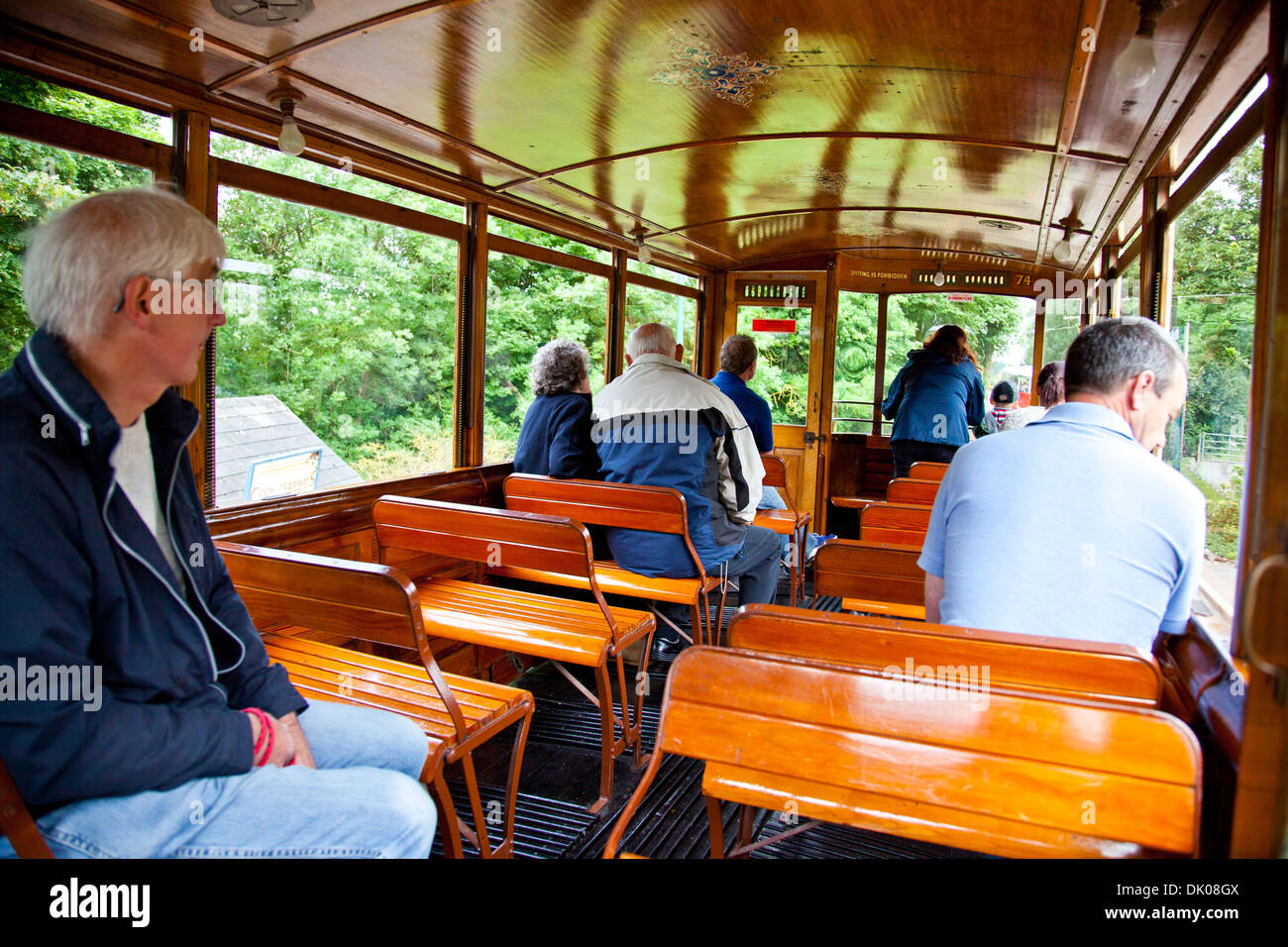 Interior of the upper deck of Sheffield 74 (1900) tram at National ...