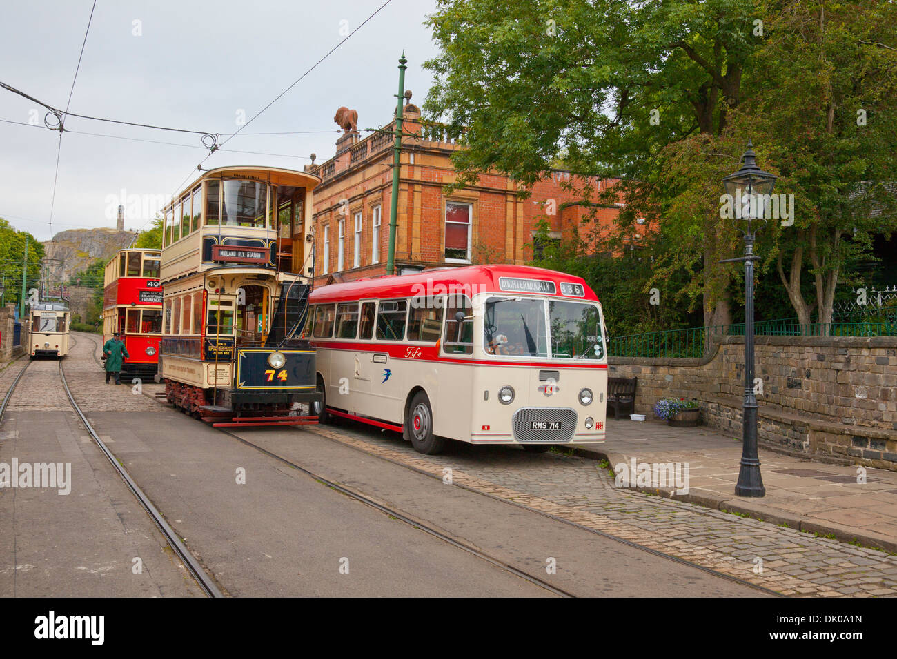 Sheffield tram No: 74 (1900) tram & Fife Leyland Tiger Cub coach at ...