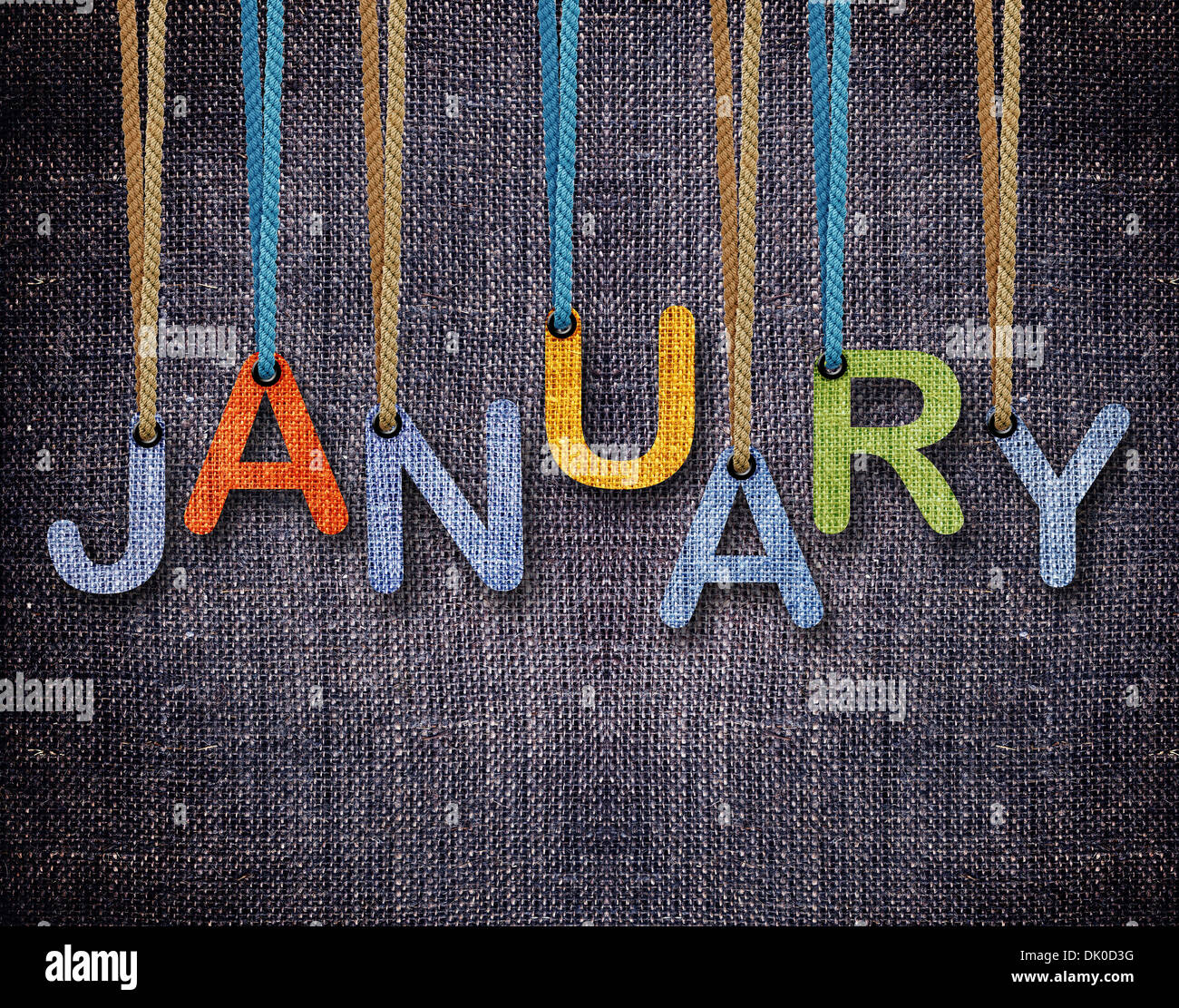 January letters hanging strings with blue sackcloth background Stock ...