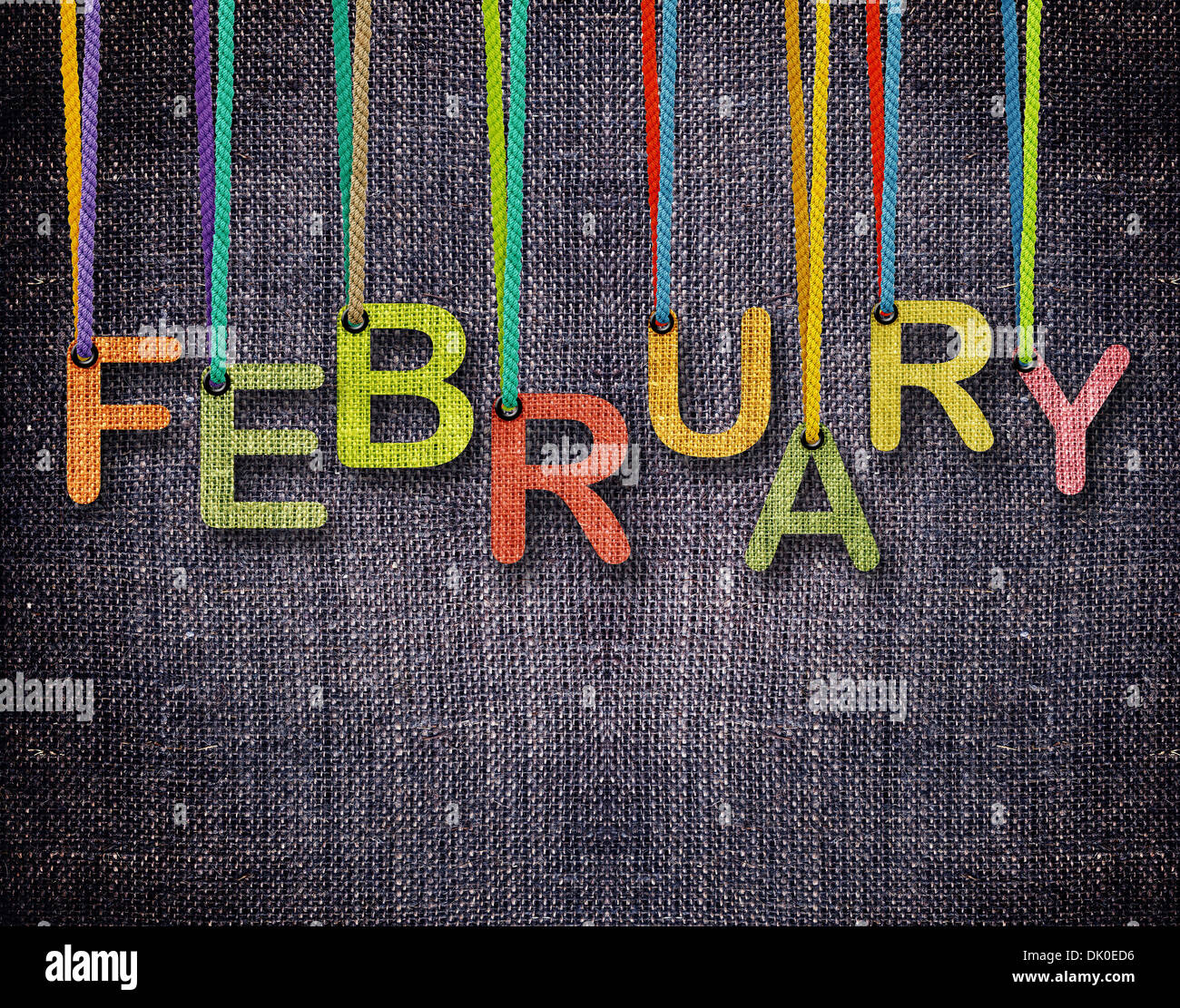February letters hanging strings with blue sackcloth background Stock ...