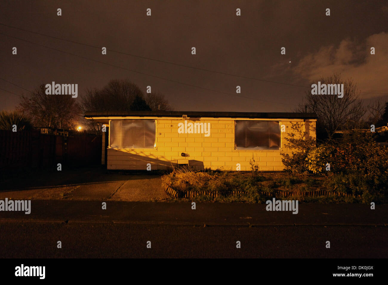 A uni-seco post-war prefab, from 1946, at night on the Excalibur Estate ...