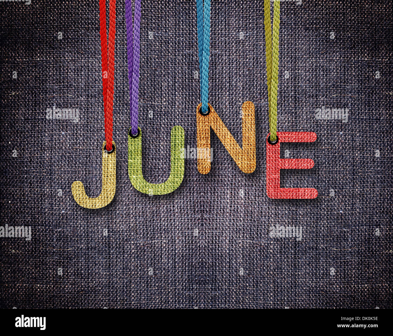 June letters hanging strings with blue sackcloth background Stock Photo ...