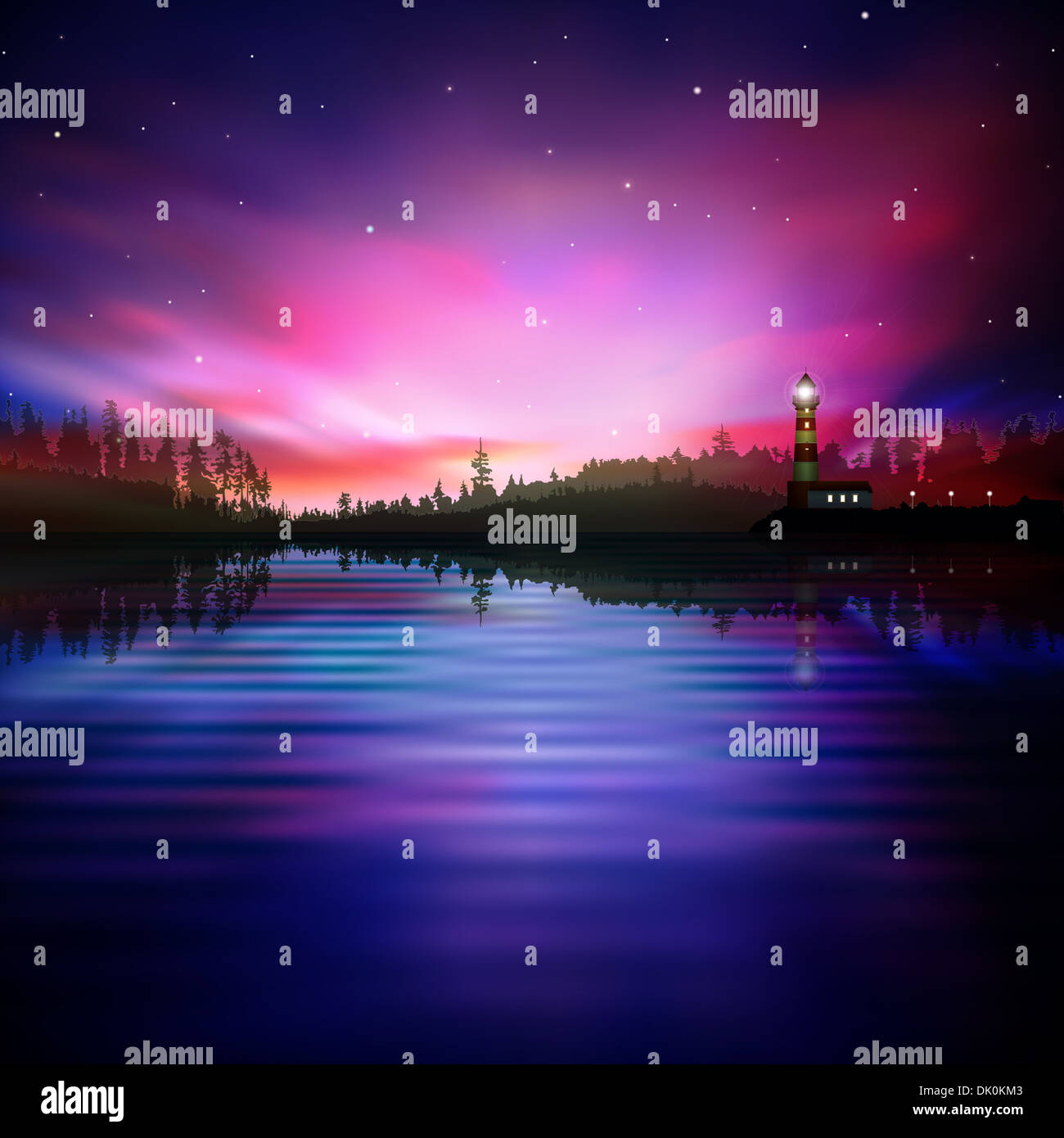 abstract nature background with pink sunrise and lighthouse Stock Photo ...