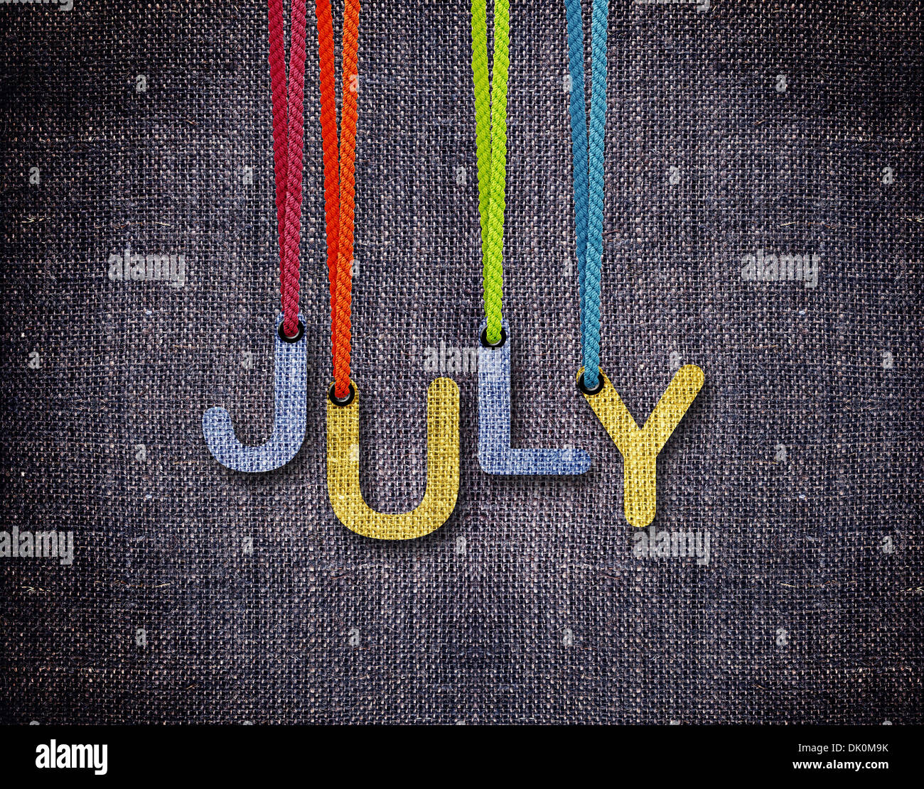 July letters hanging strings with blue sackcloth background Stock Photo ...