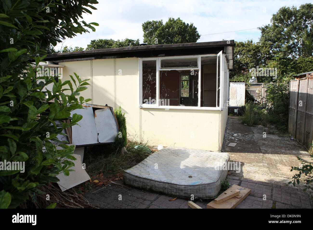 Boarded up post-war prefab on the Excalibur Estate, Caford, London ...