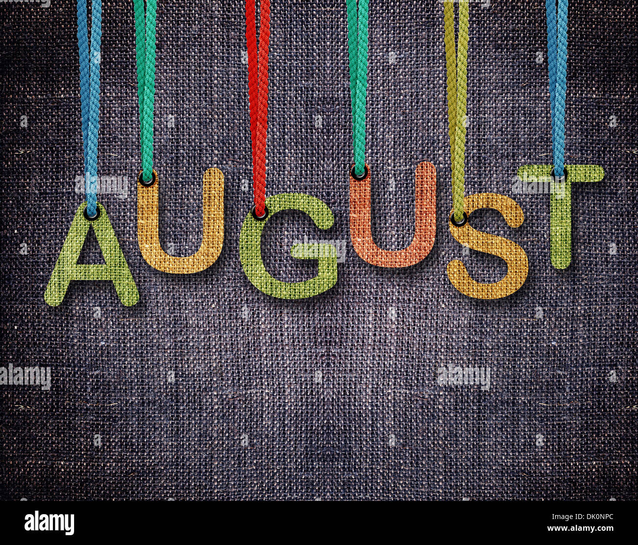 August letters hanging strings with blue sackcloth background Stock ...