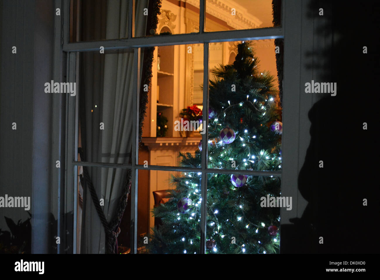 Beautiful Christmas tree in the window of a house Stock Photo - Alamy