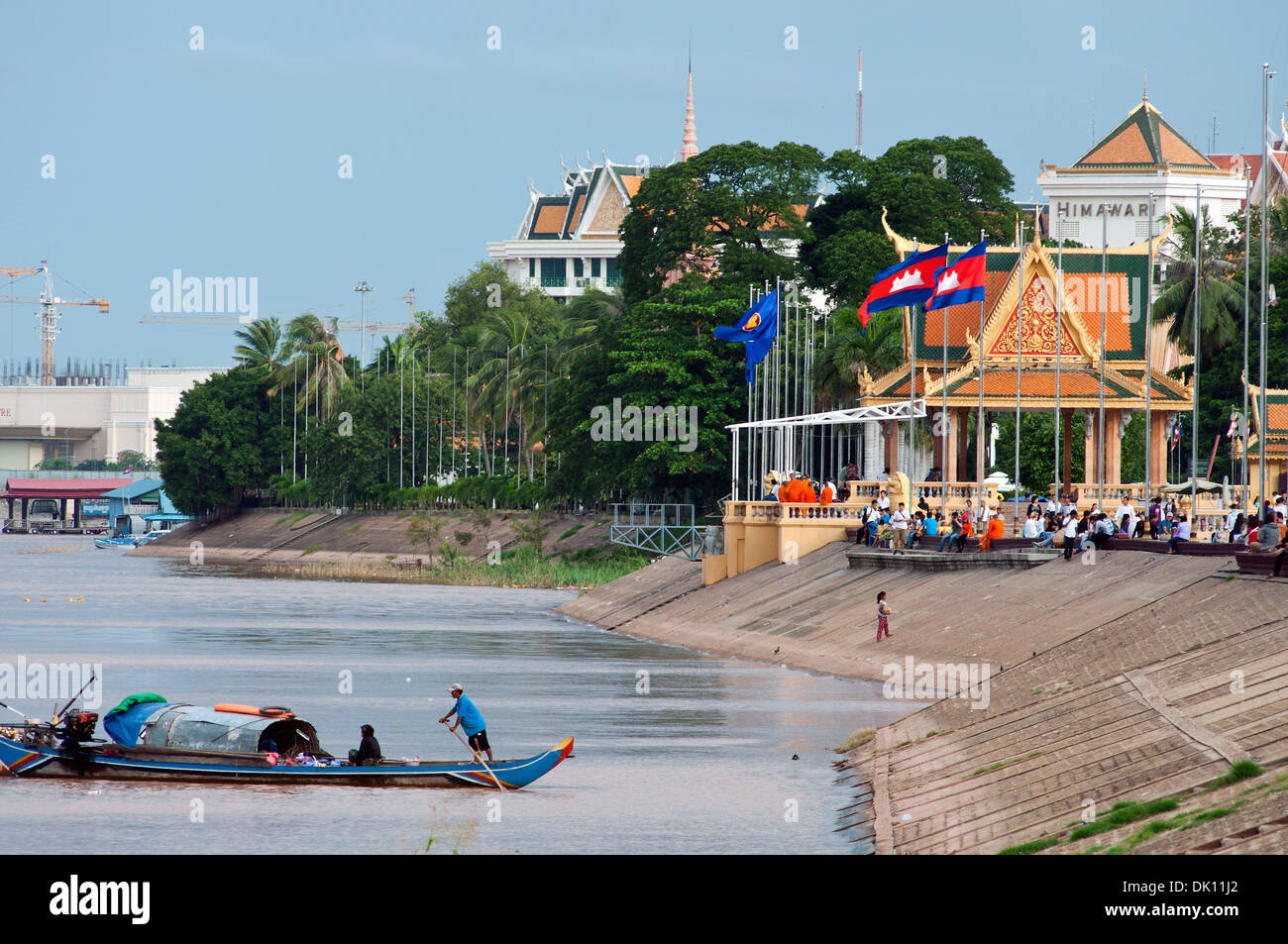 riverfront scene with Royal Palace river shrine, Phnom Penh, Cambodia ...