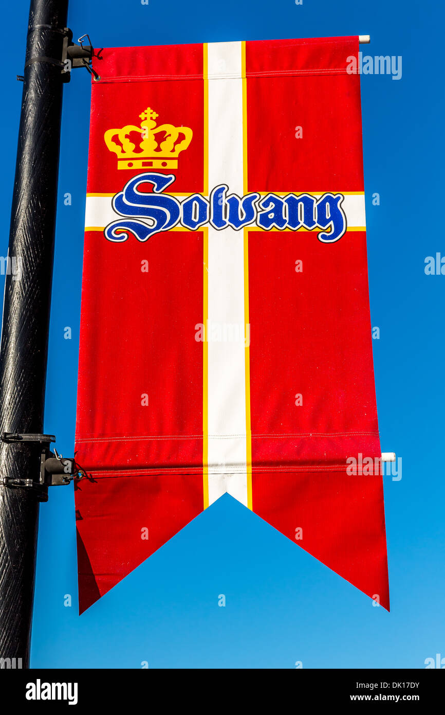 Flag of Denmark hanging on a lamppost in Solvang, California, USA Stock ...