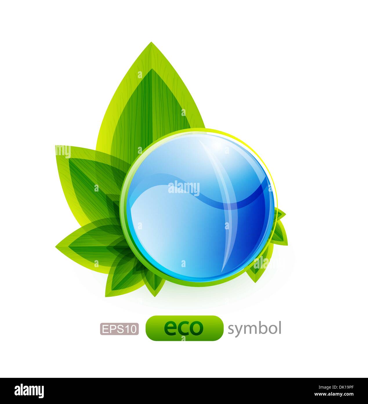 Vector eco symbol with green leaves and blue glass circle Stock Vector ...