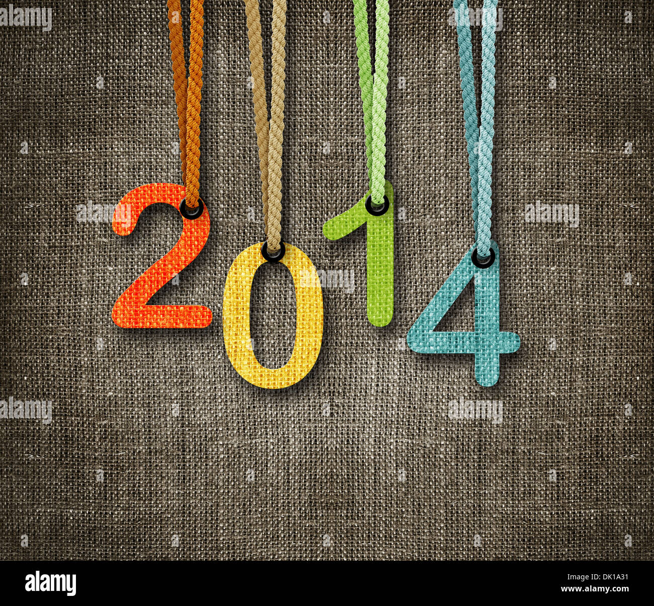 Happy New year 2014, numbers hunging by rope as puppeteer on sackcloth ...