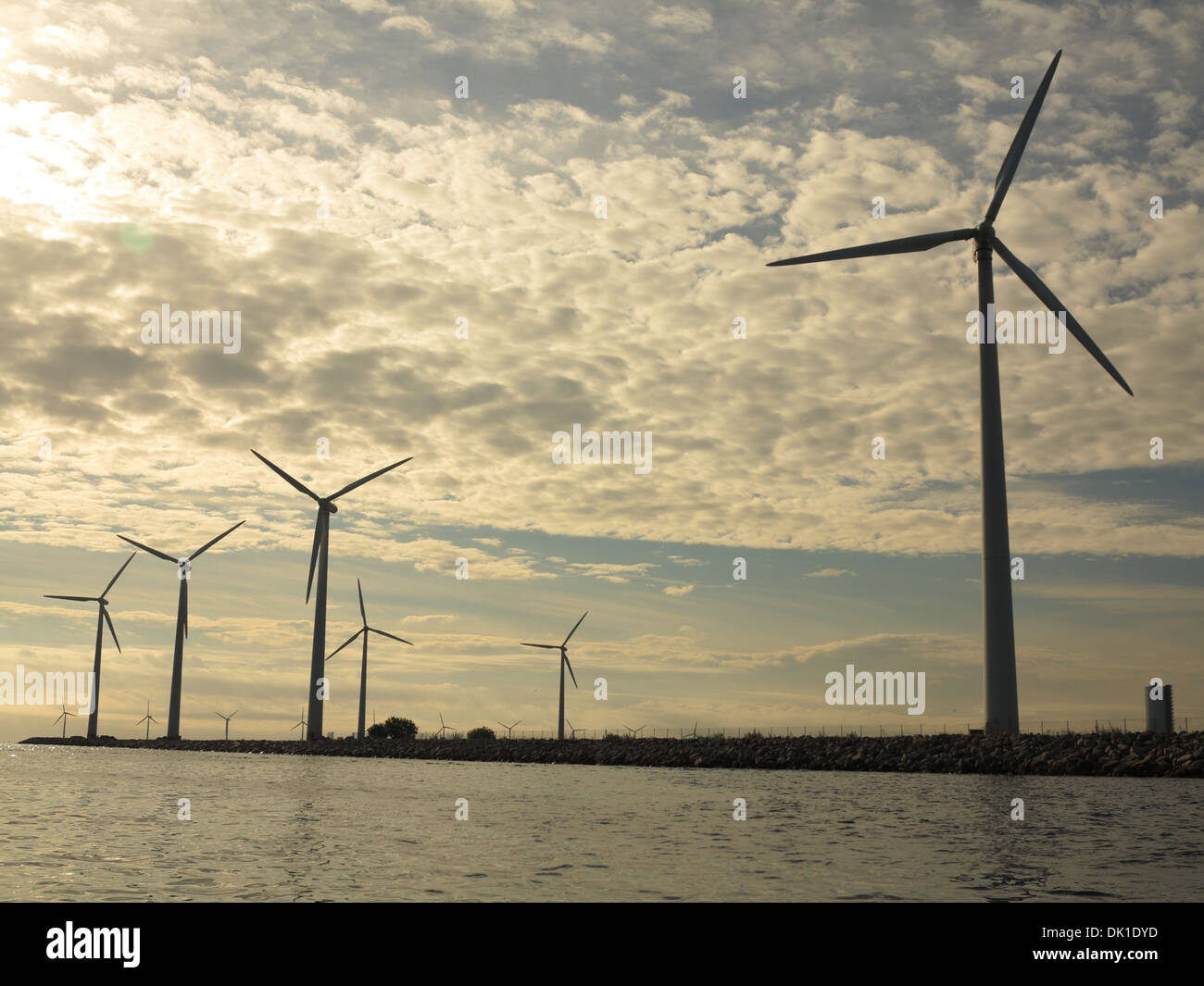 Seascape. Sea and farm of wind turbines. Renewable power and energy ...