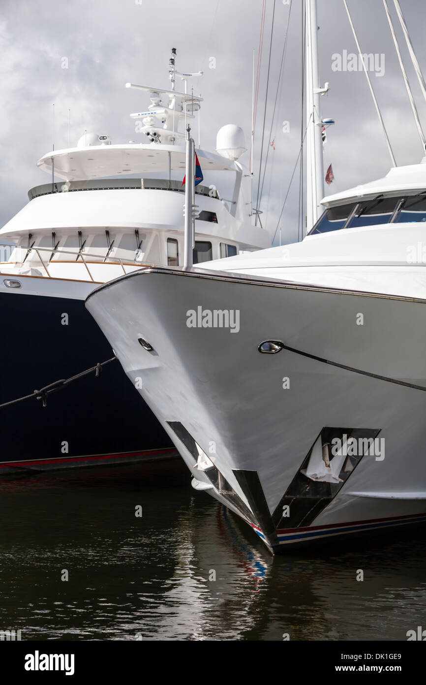Luxury yachts' bows and anchors at dock in Bahia Mar Marina in Fort ...
