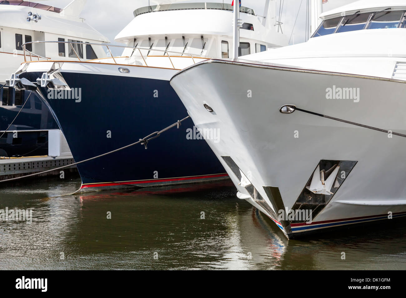 Luxury yachts' bows and anchors at dock in Bahia Mar Marina in Fort ...