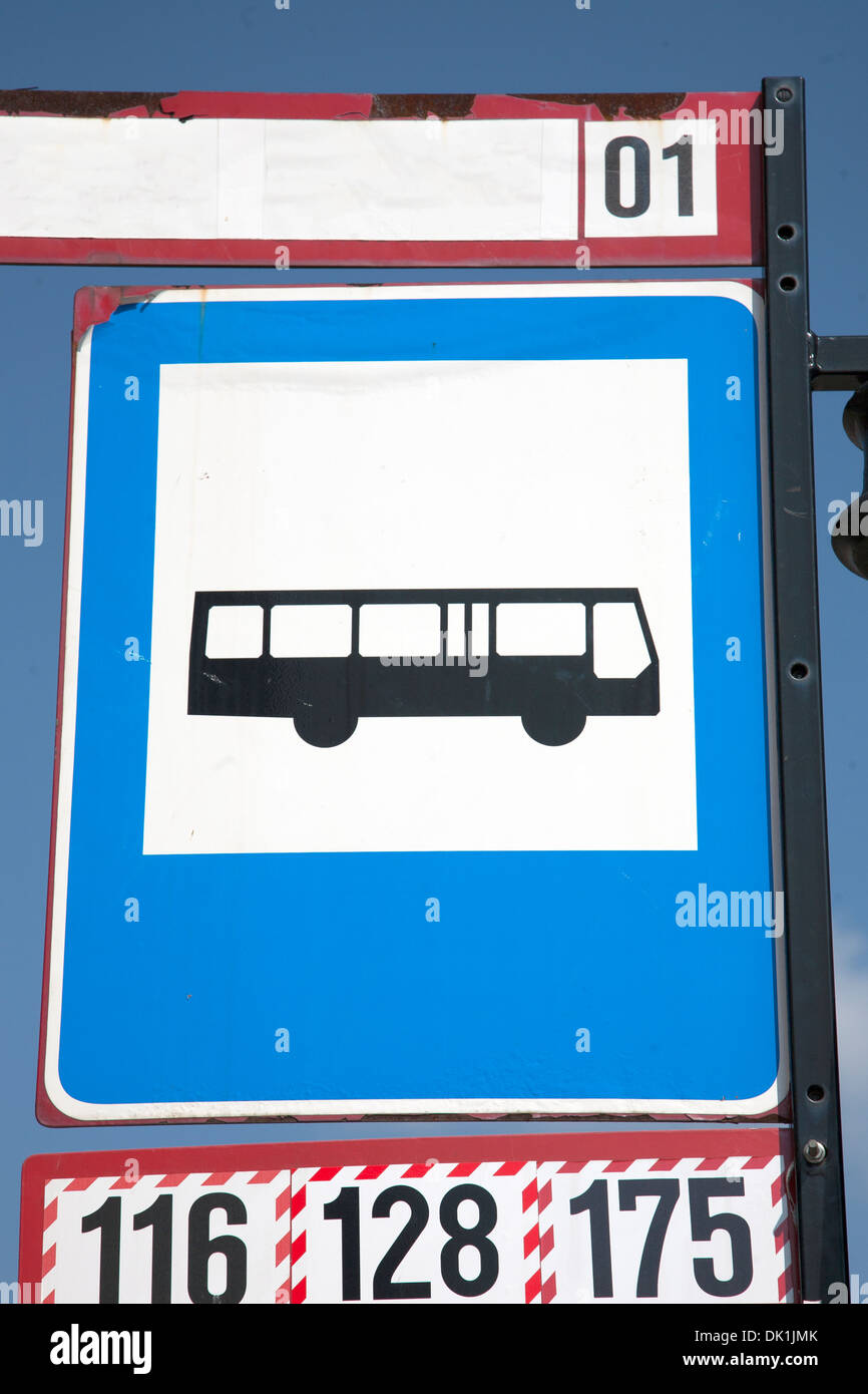 Bus Stop Sign against Blue Sky Background Stock Photo - Alamy
