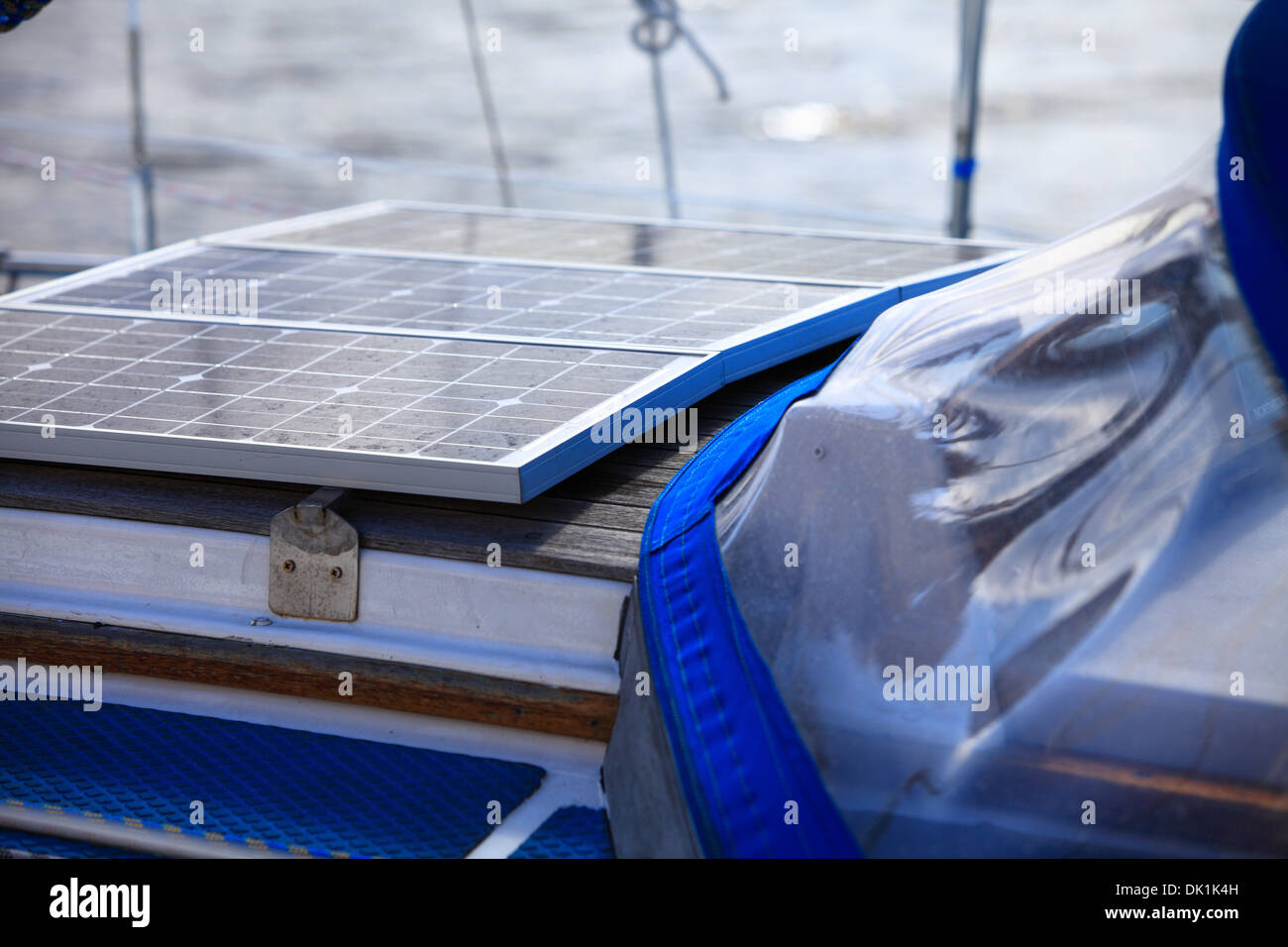 Solar charging batteries aboard a sail boat. Photovoltaic panels ...