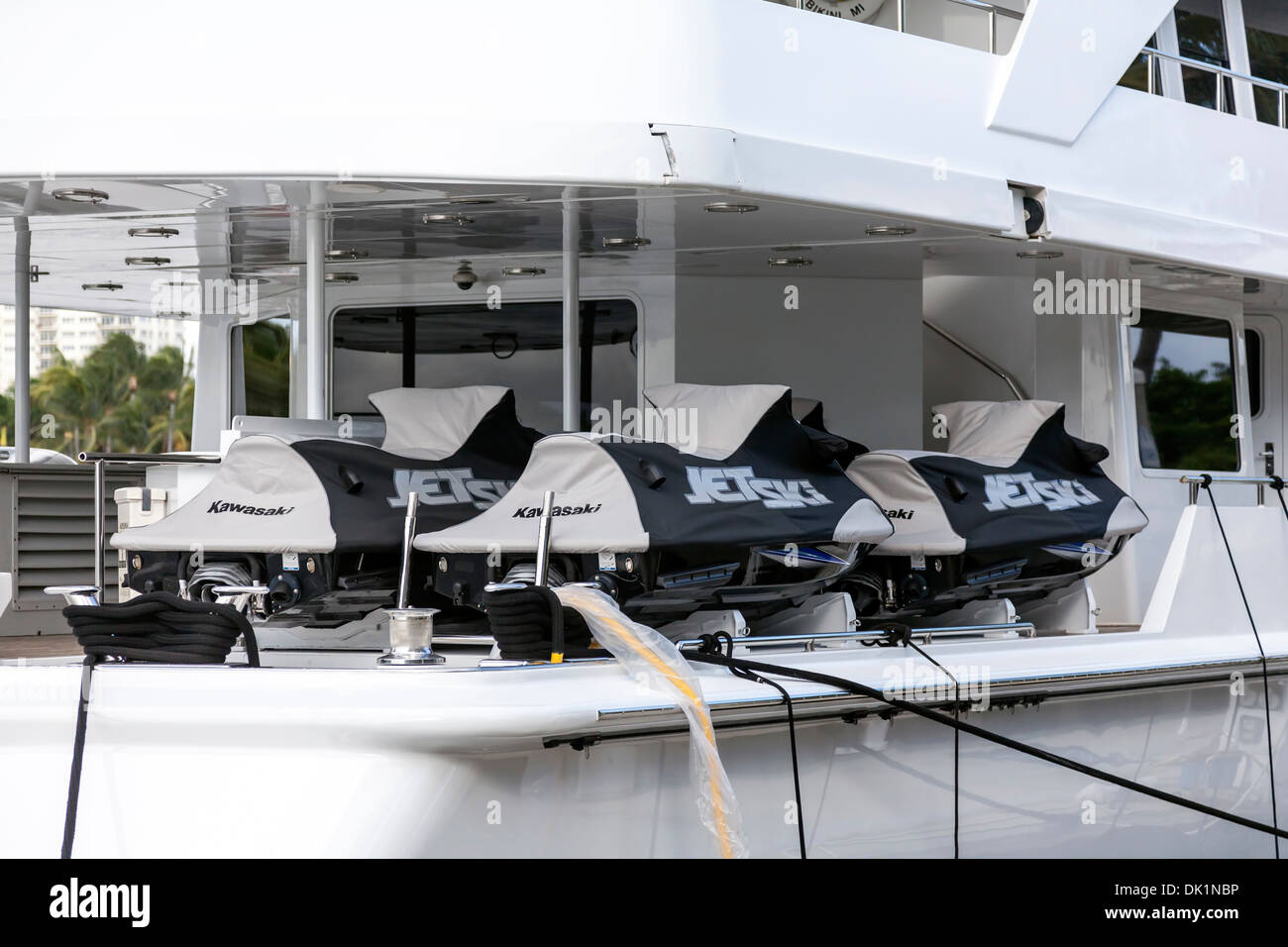 Kawasaki jet skis stowed on deck of a mega yacht docked at Bahia Mar ...