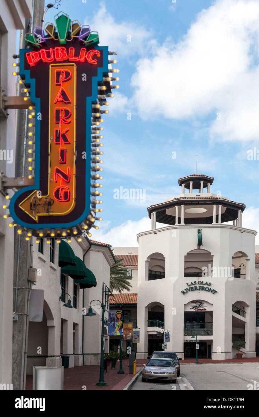 Colorful, flashing neon sign marks the downtown public parking garage ...
