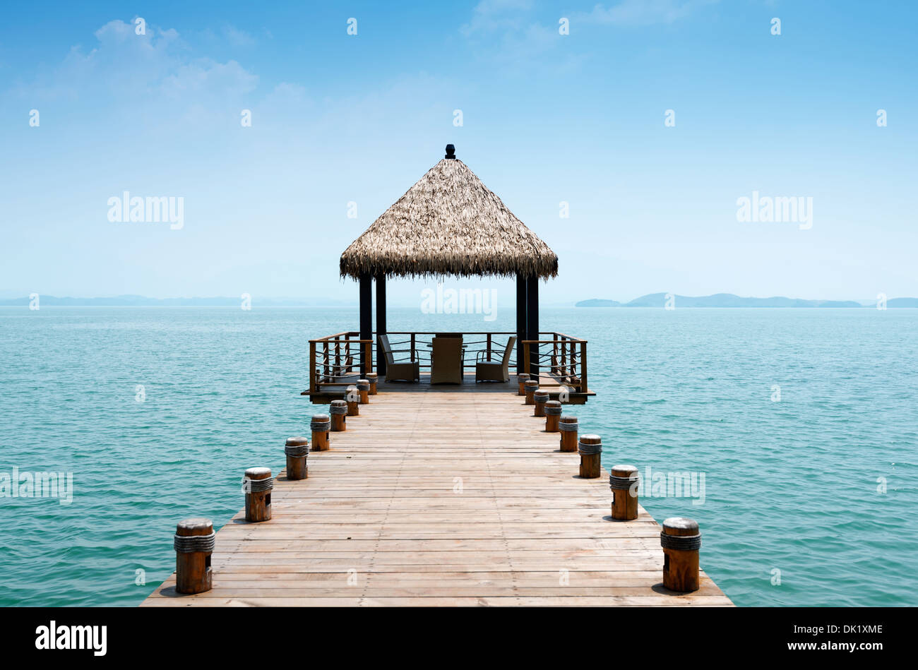 Wooden jetty over the beautiful Maldivian sea with blue sky Stock Photo ...
