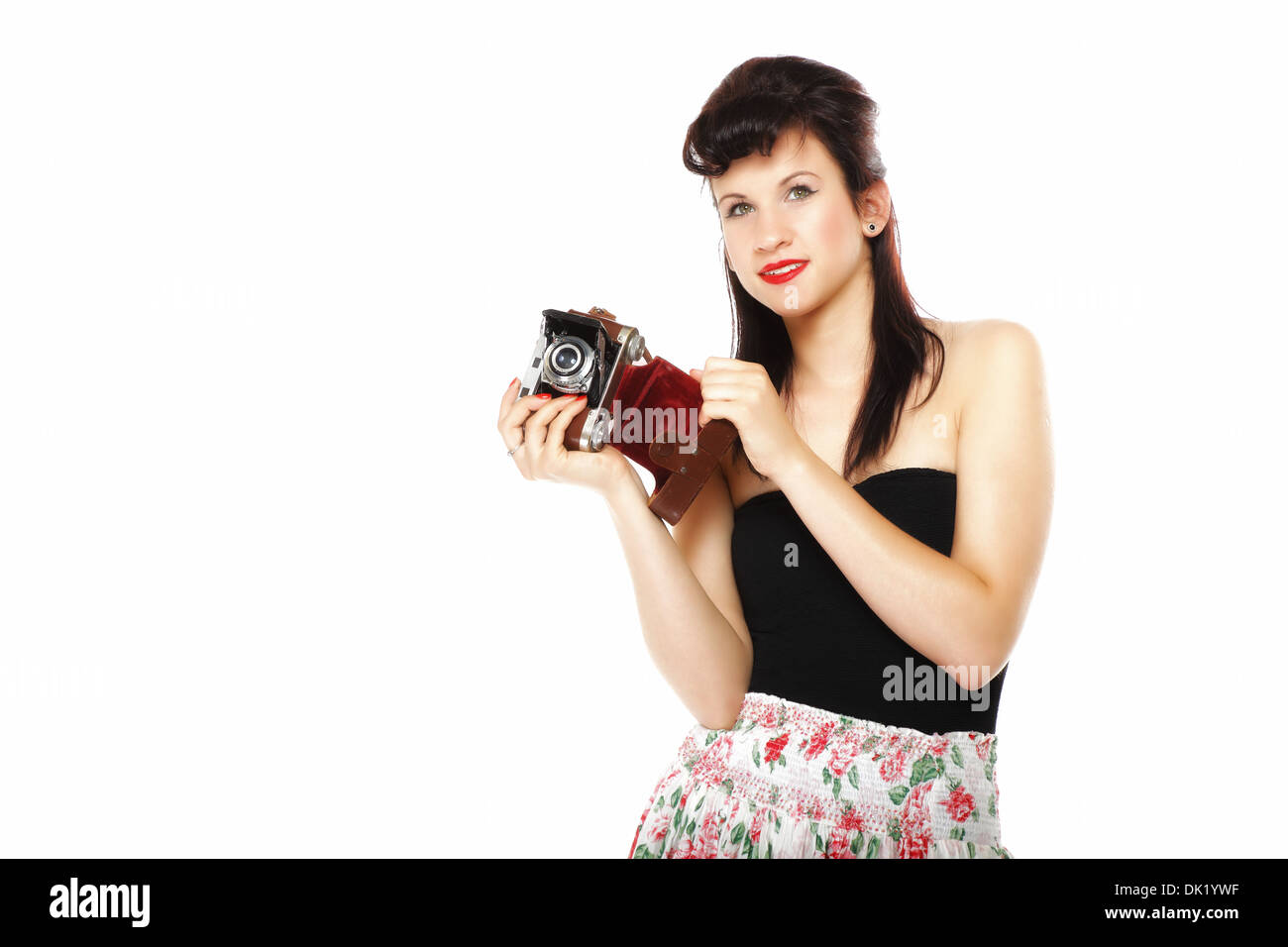 pretty retro summer girl taking picture using vintage camera white ...