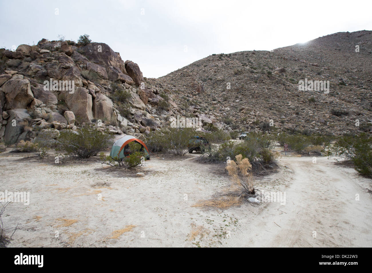 A campground and tent at the base of Sheep Canyon in Anza Borrego ...