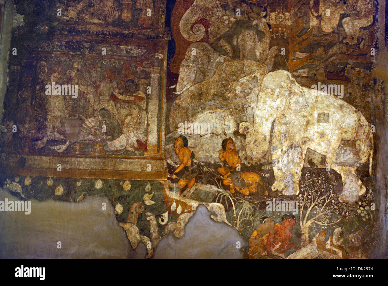 Cave 2: White elephants attack. circa 5th century CE Ajanta Caves ...
