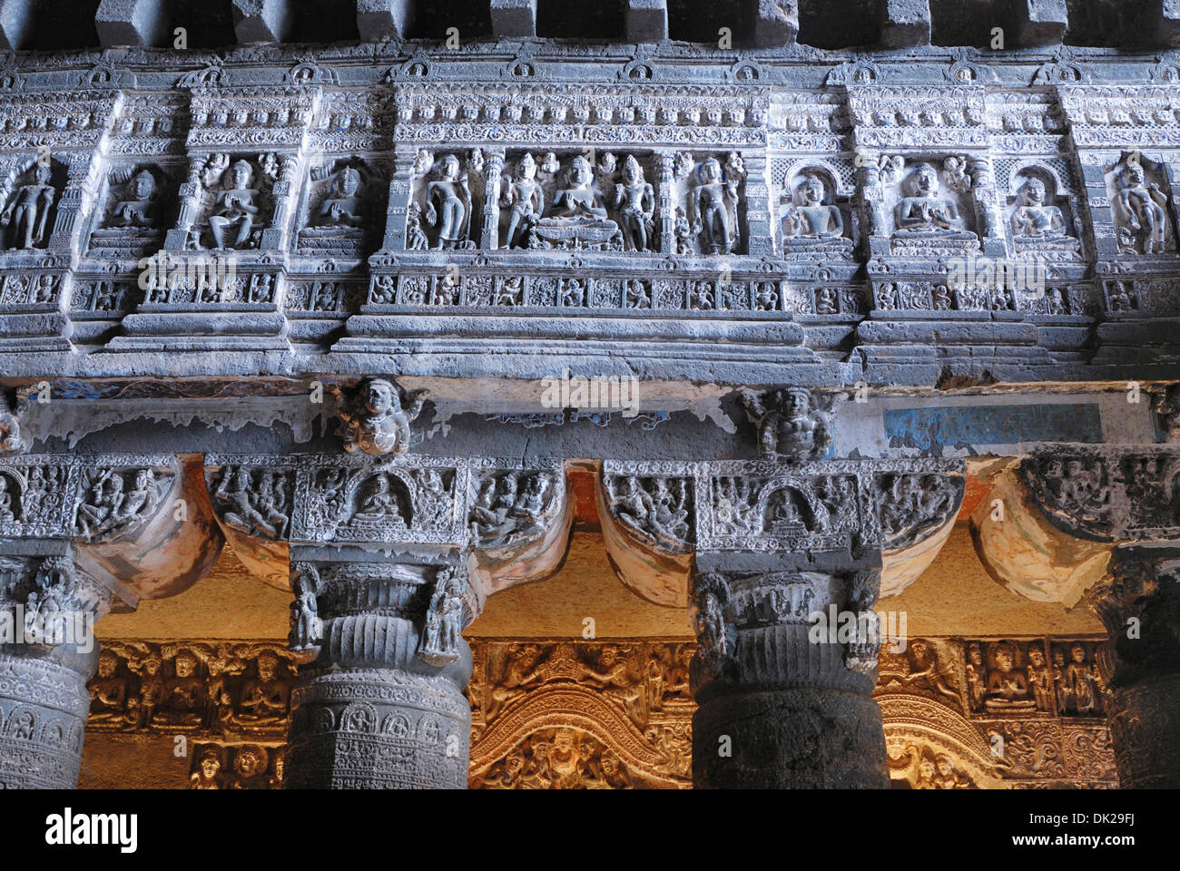 Cave 26: Frieze above pillars. Buddha images. Ajanta Caves, Aurangabad ...
