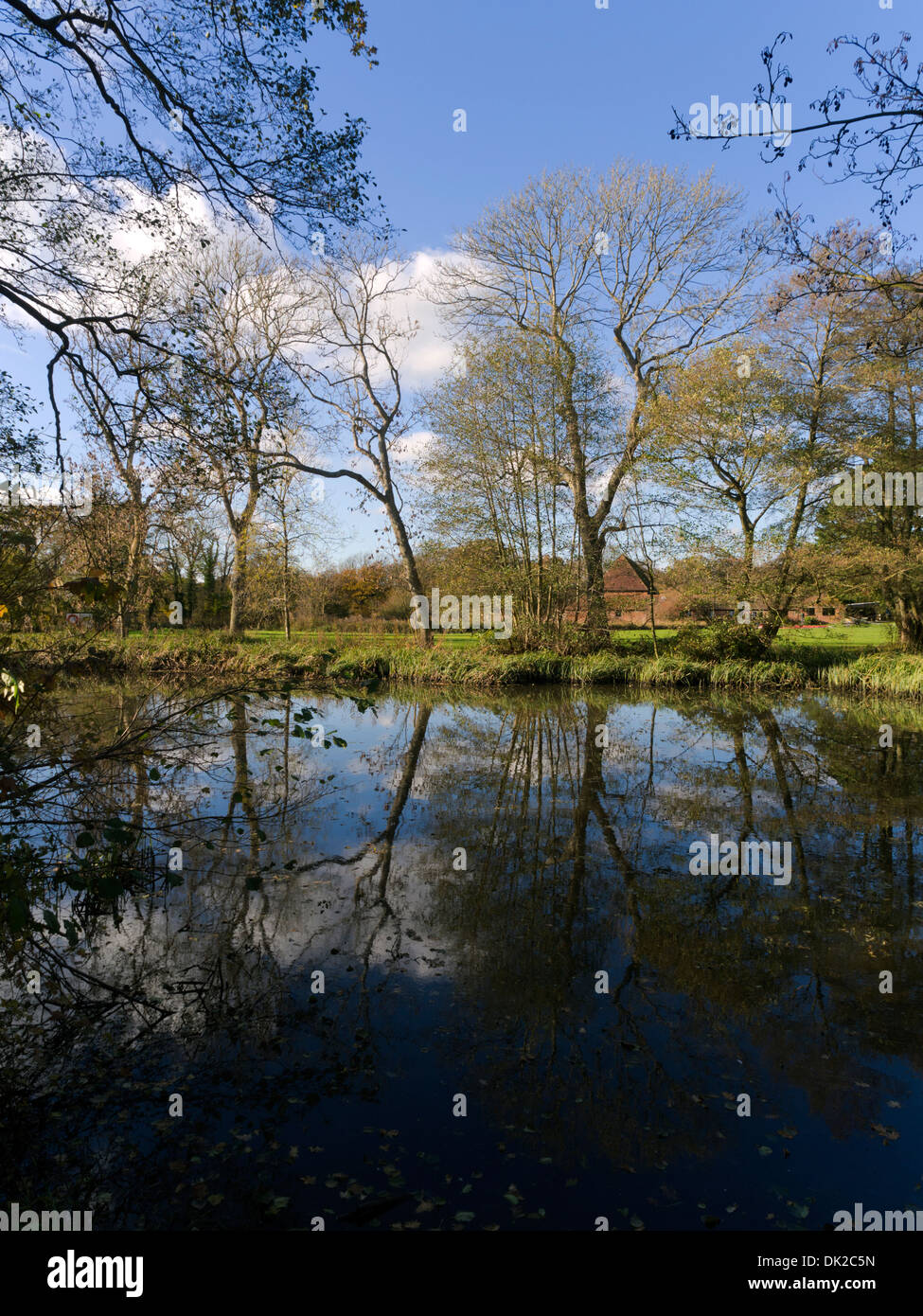 Autumn trees reflected in the moat at Michelham Priory, Sussex Stock ...