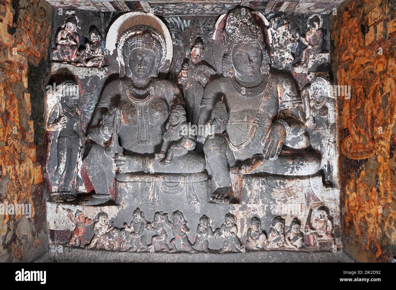 Cave 2: Shrine of Yakshas. Simhala and Hariti. Ajanta Caves, Aurangabad ...