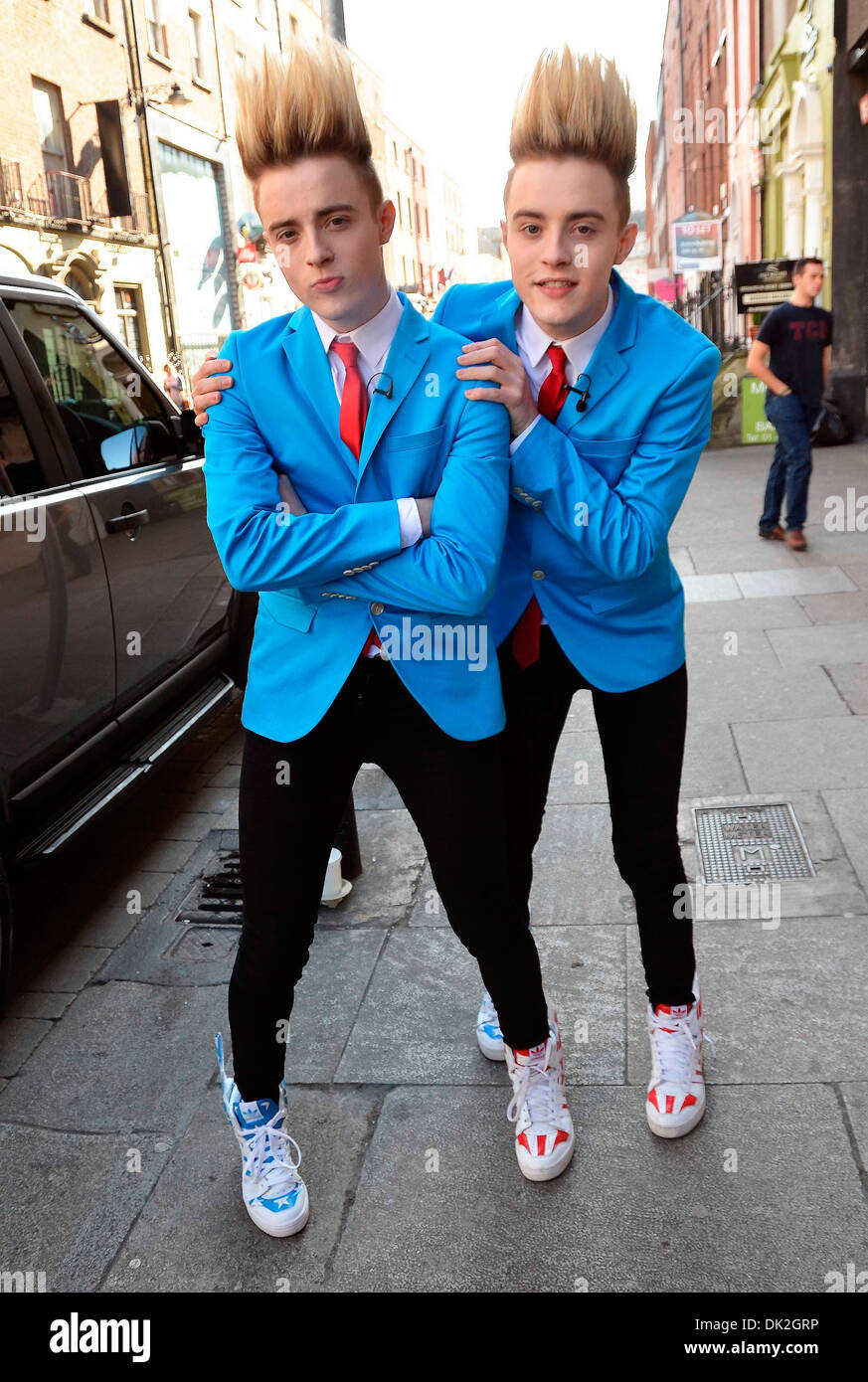 Jedward twins John and Edward Grimes pose outside Muzu TV studios on ...