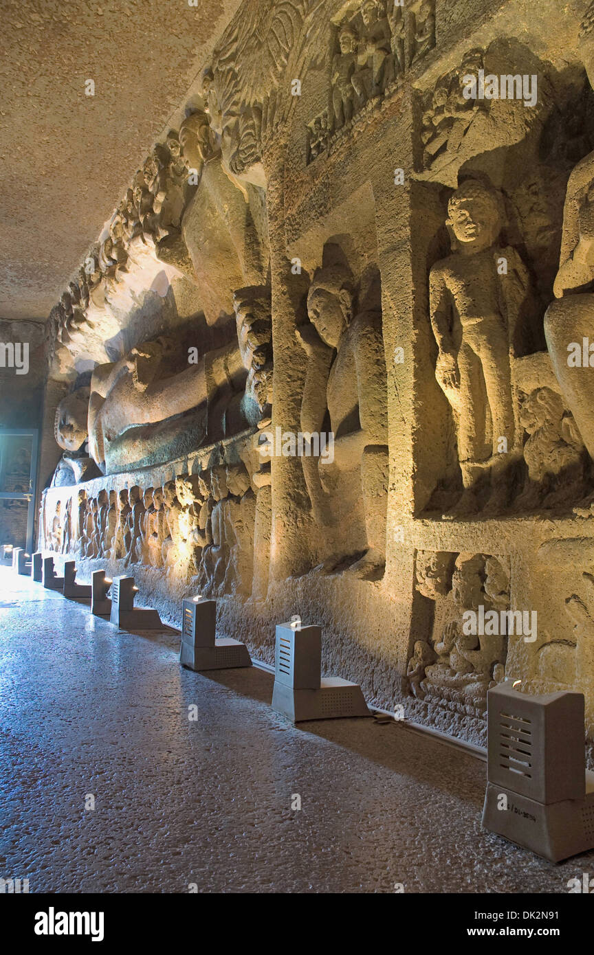 Cave 26: Reclining Buddha with his right hand resting below the face on ...