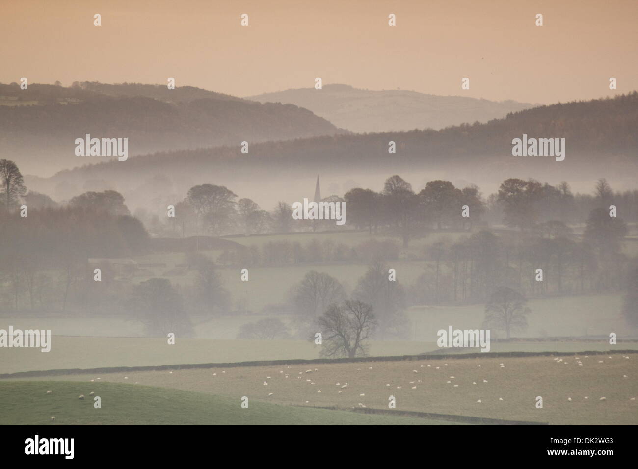 St Peter's in Edensor village on the Chatsworth Estate emerges through ...