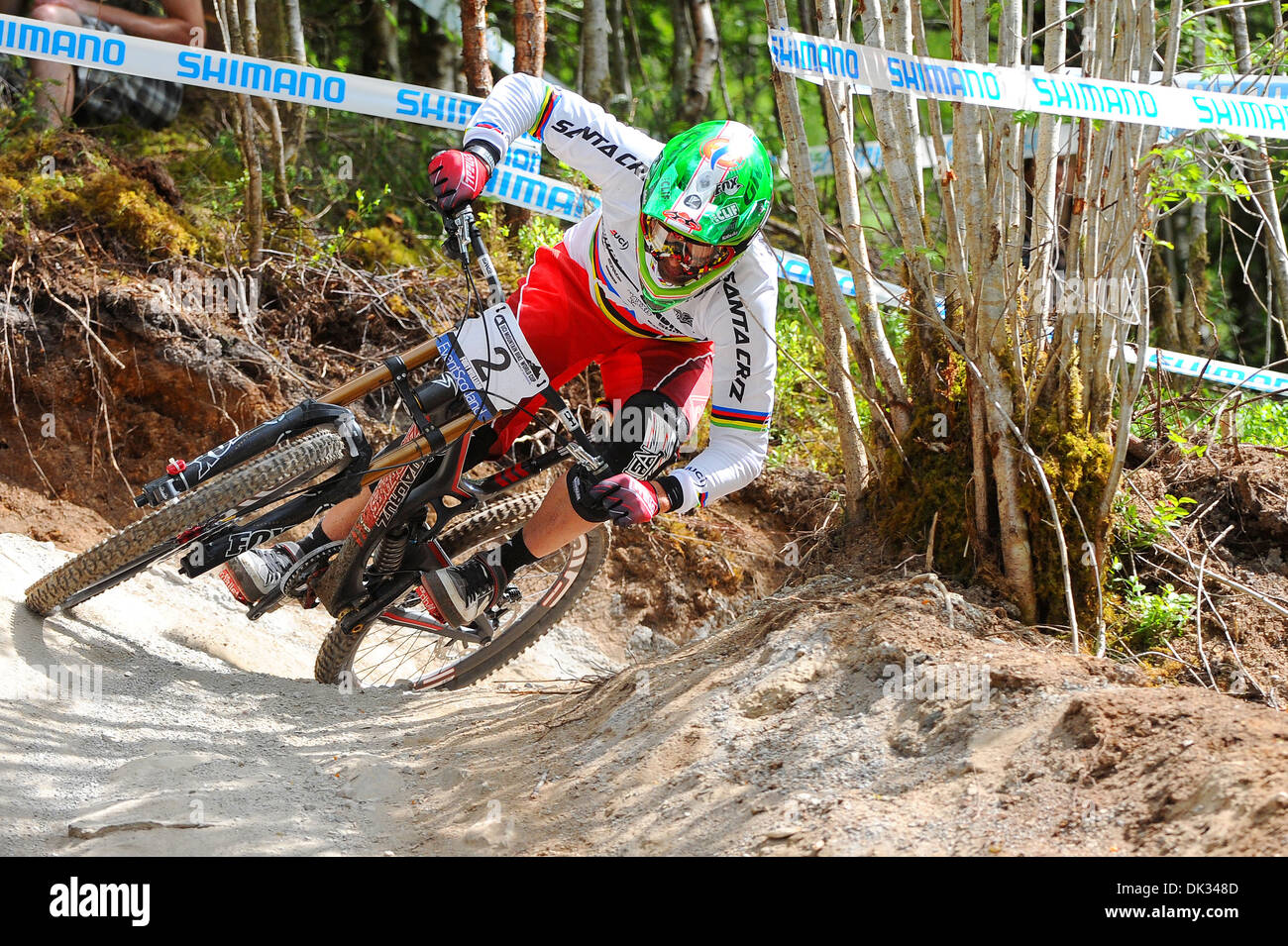 South African downhill mountain bike racer Greg Minnaar competing in ...