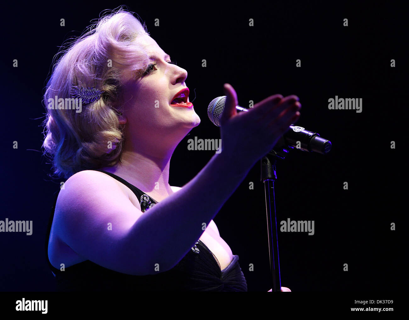 Kate Mullins of Puppini Sisters performs at O2 Shepherds Bush Empire ...