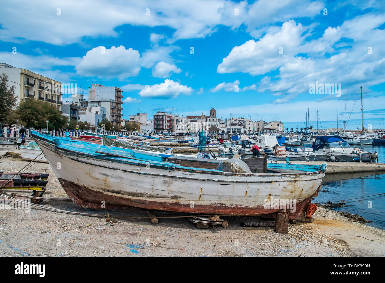 Little old boats in the harbor of Mola di Bari, south of Italy Stock ...