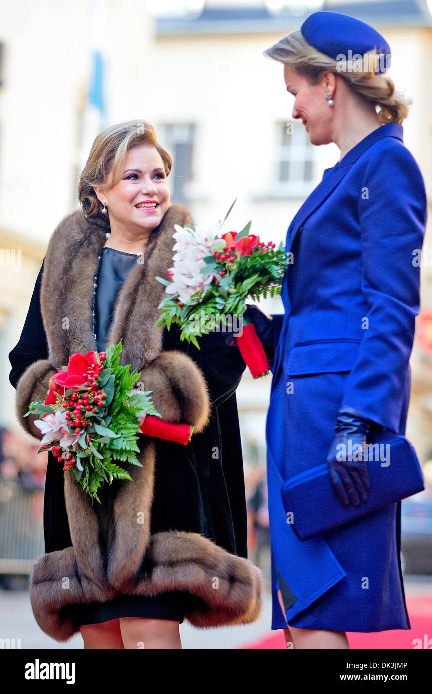 Luxembourg. 2nd December 2013. Queen Mathilde of Belgium (R) and Grand ...