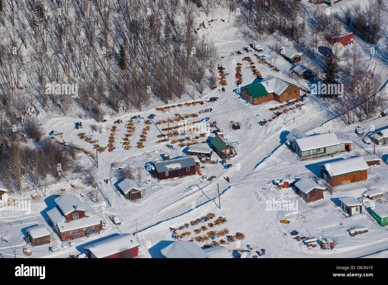 Mar 9, 2011 - Takotna, Alaska, U.S. - Aerial view of dog teams resting ...
