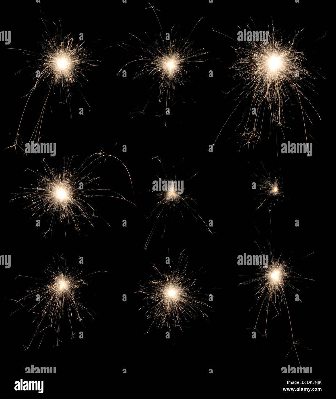 Set of burning sparklers isolated on black background. Small fireworks ...