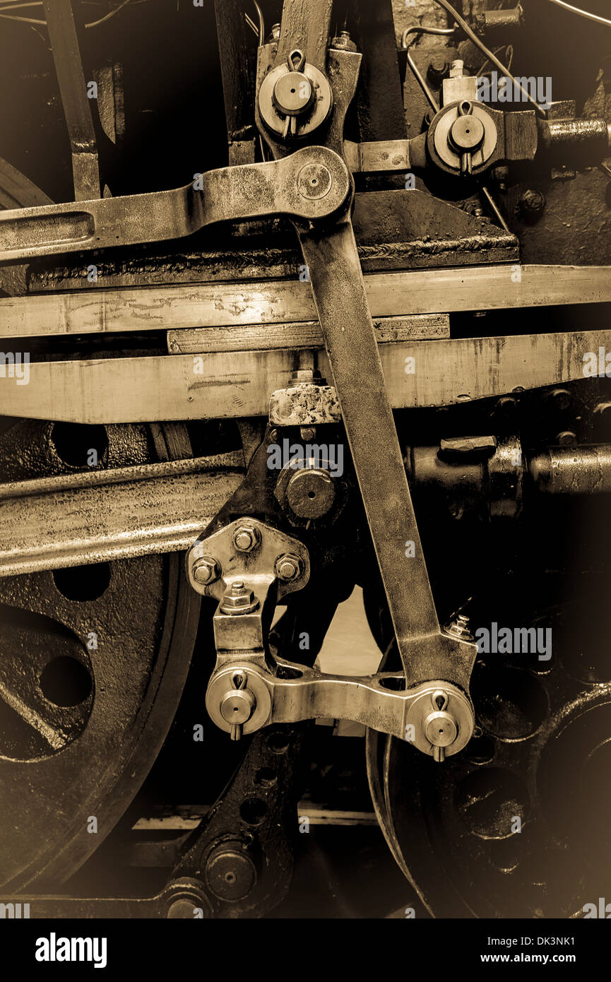 Detail of a steam train wheel assembly. The front bogie is just to the ...
