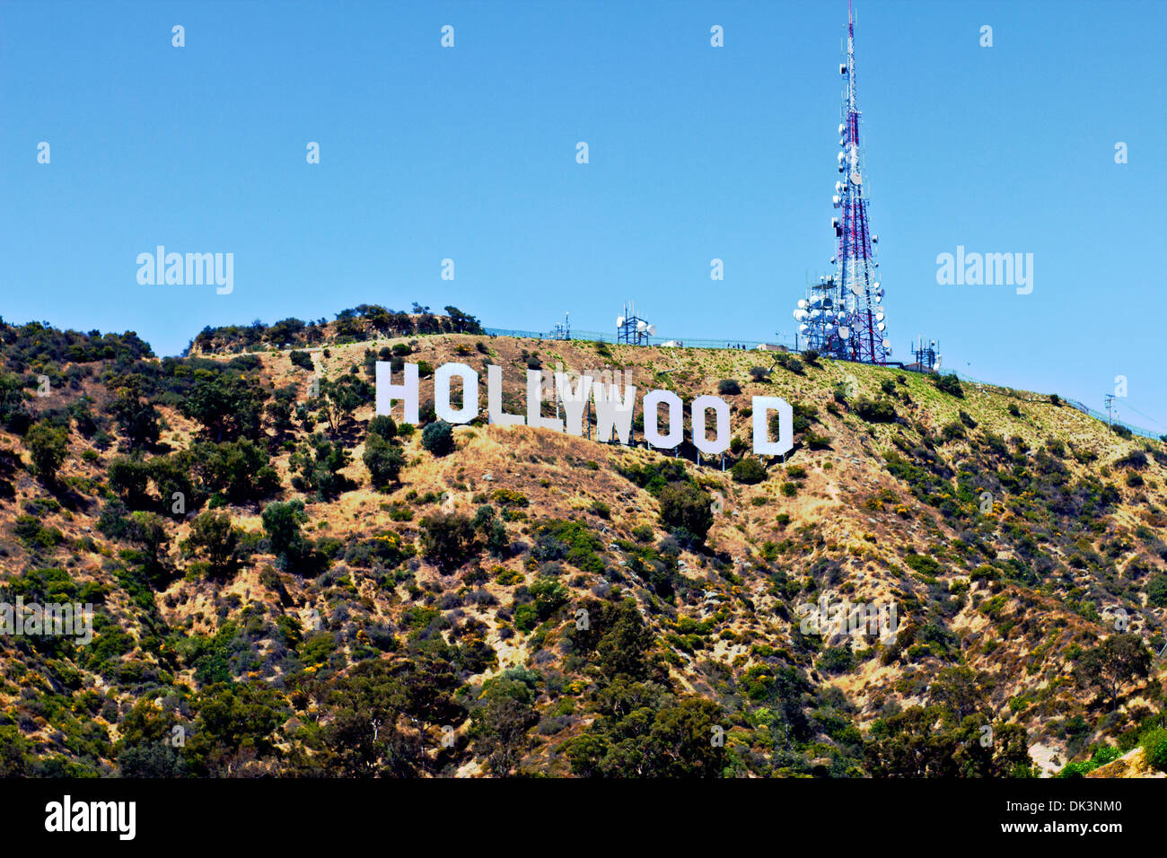 Hollywood Sign - The Hollywood Sign with Blue Sky and Tower Above Stock ...