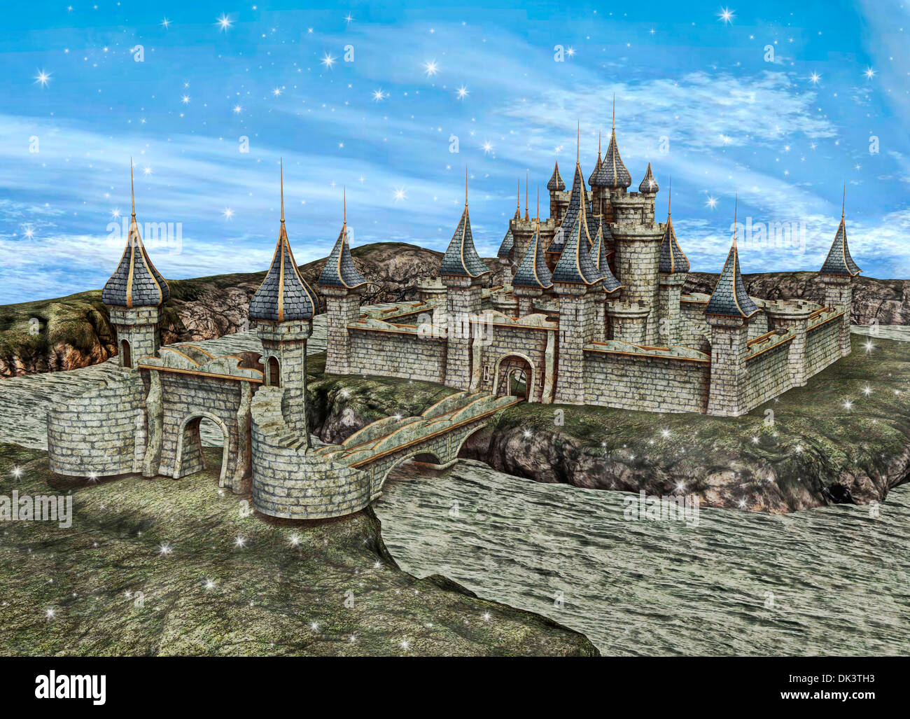 3D digital render of a fairytale castle on blue sky background ...