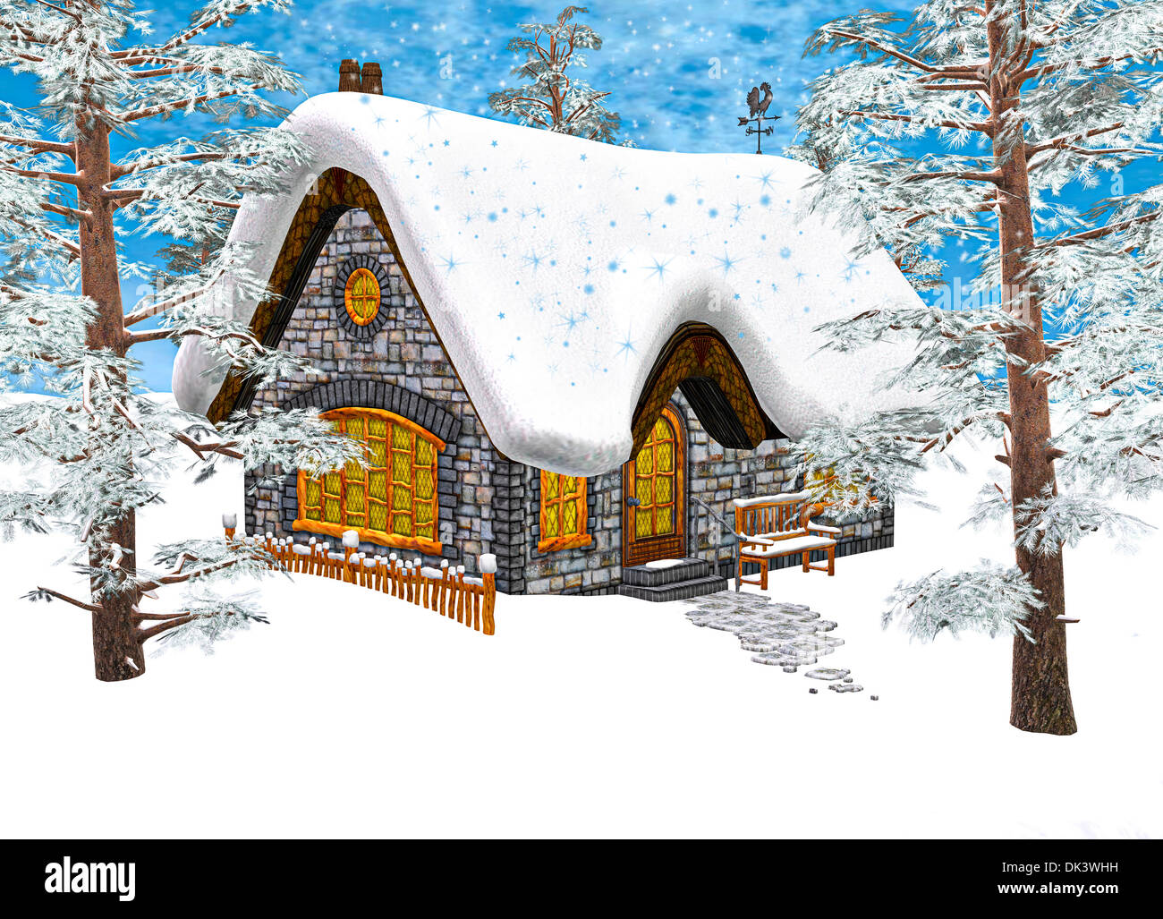 3D digital render of a Christmas cottage under the snow in a winter ...