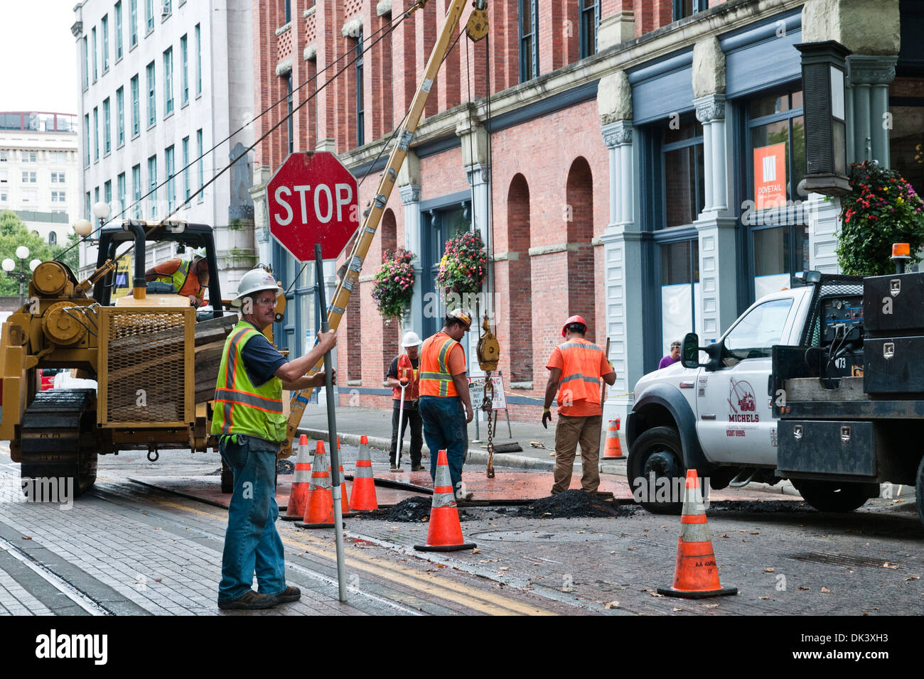 Builders are road works in the downtown, Seattle, state of Washington ...